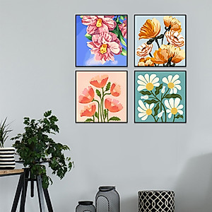 Amphol Flowers Paint by Number for Adults Canvas Framed, 4 Pack 10"x10" Easy Framed Paint by Number Kits for Beginner Kids, DIY Simple Flowers Acrylic Oil Painting Number Kits with Frame