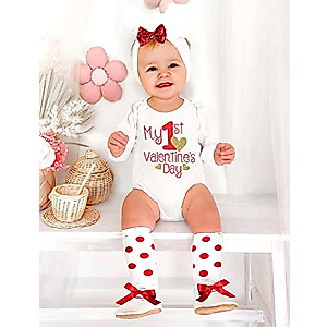DONWEN Baby Valentine Outfits 3-6 Months My 1st Valentine's Day Baby Girl Outfit Set Long Sleeve Red Romper Bodysuit Dots Leg Warmers Cute Valentine Outfit Baby Girl