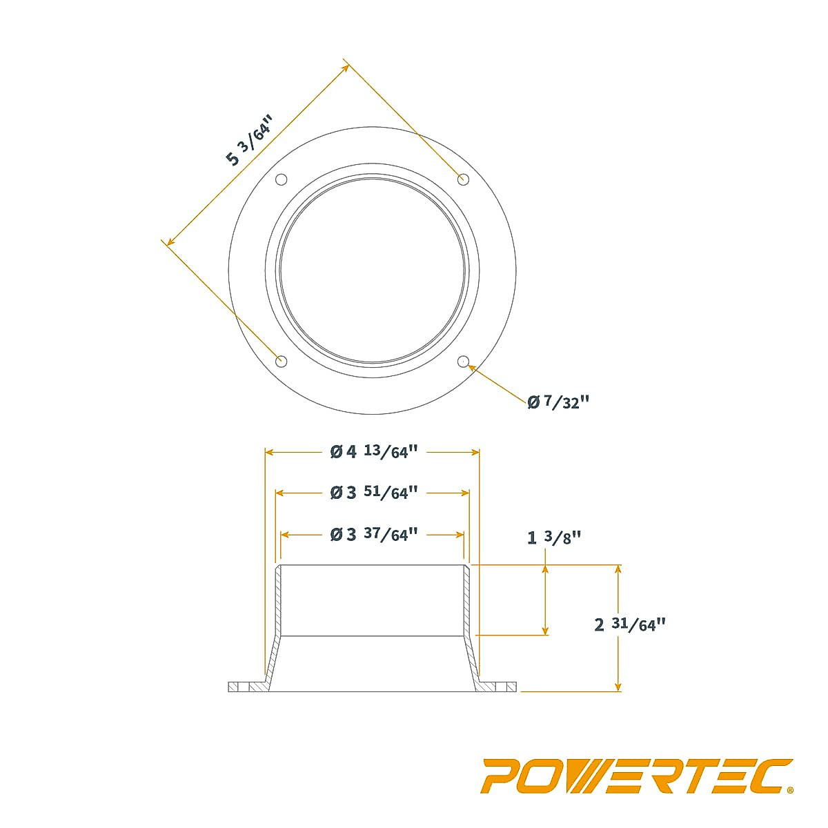 POWERTEC 70126 Inlet Flange, 4 Inch OD Dust Collection Ducting Connector