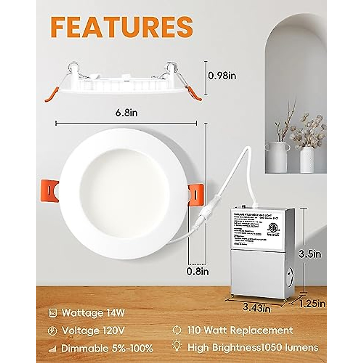 Sunlake 12 Pack Recessed Lighting 4 inch, Ceiling Lights 5 in 1, Canless Ultra Thin LED 5CCT Dimmable 2700K/3000K/3500K/4000K/5000K Selectable, 650 Lumens, 10W=65W Eqv, ETL, Energy Star Certified