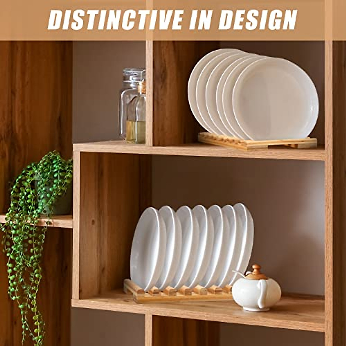 2 Pcs Bamboo Dish Rack 9 Slots Wooden Dish Drying Rack Regular Wood Plate Organizer for Cabinet Low Profile Plate Stand for Kitchen Display Countertop, 15.56 x 10 x 1.38 Inch, 0.8" Holder Width