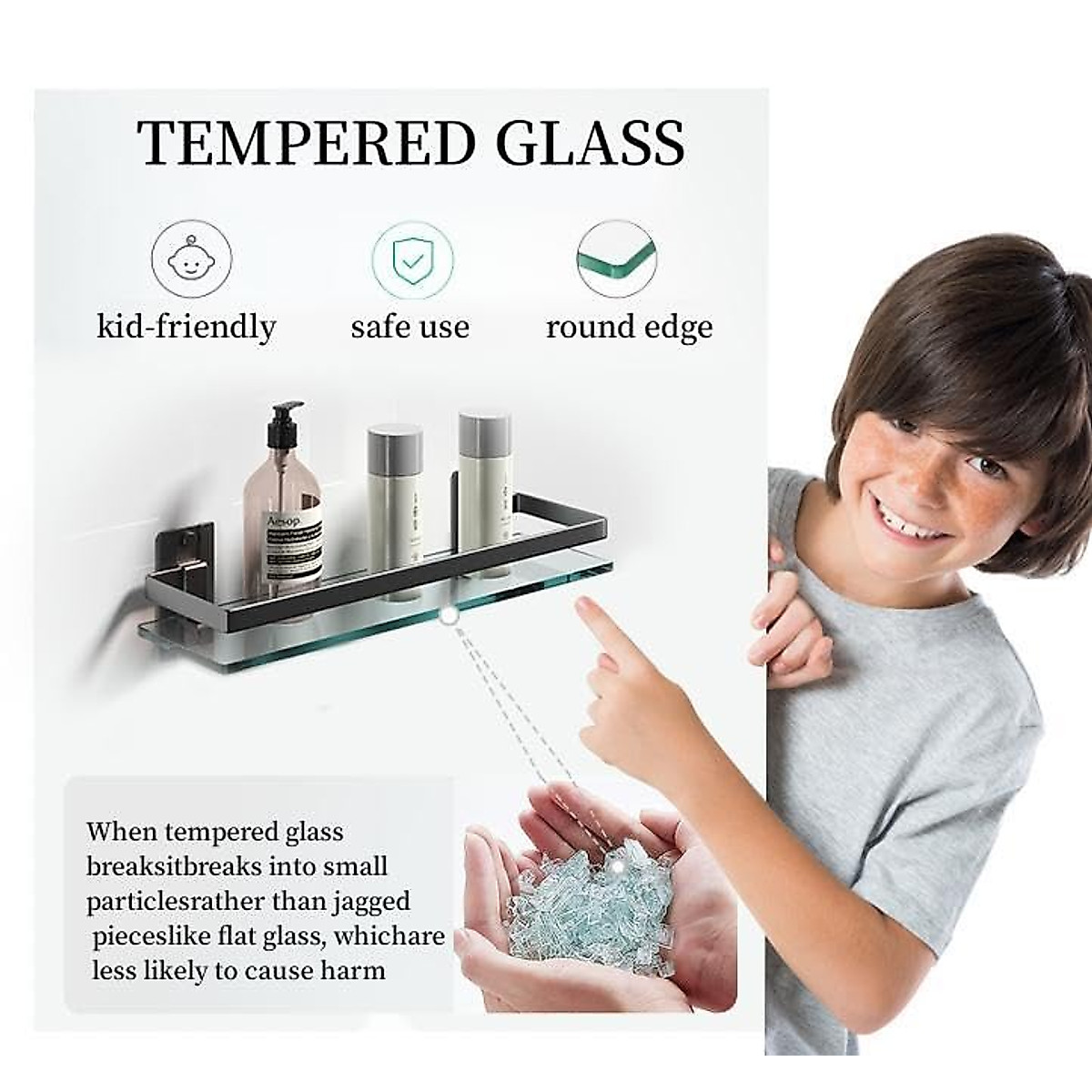 KATASKI 2 Pack Bathroom Glass Shelf ，Aluminum Tempered Glass 0.34in Extra Thick 1 Tier Storage Organizer Wall Mount,Black 15.7in