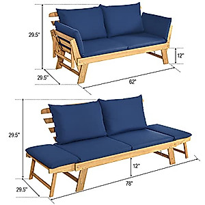 Tangkula Acacia Wood Patio Convertible Couch Sofa Bed with Adjustable Armrest, Outdoor Daybed with Cushion & Pillow, Turquoise & Navy Cushion Cover Sets, Folding Chaise Lounge Bench Ideal for Porch
