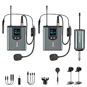 Wireless Microphone System Dual Transmitters Receiver Lavalier/Headset Mic Set Rechargeable Bodypack for PA Speaker, Camera, Video Recording, Teaching, Church, Interview