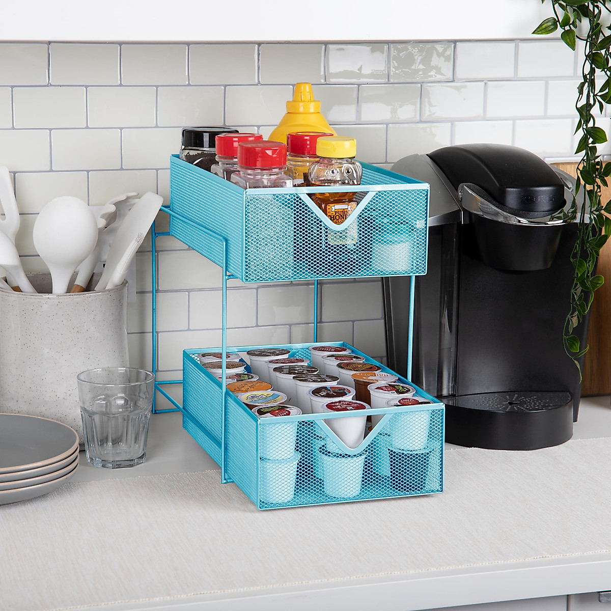 Mind Reader, Supply Storage, Makeup Accessory Organizer, One Size, Blue 2 Tier Mesh