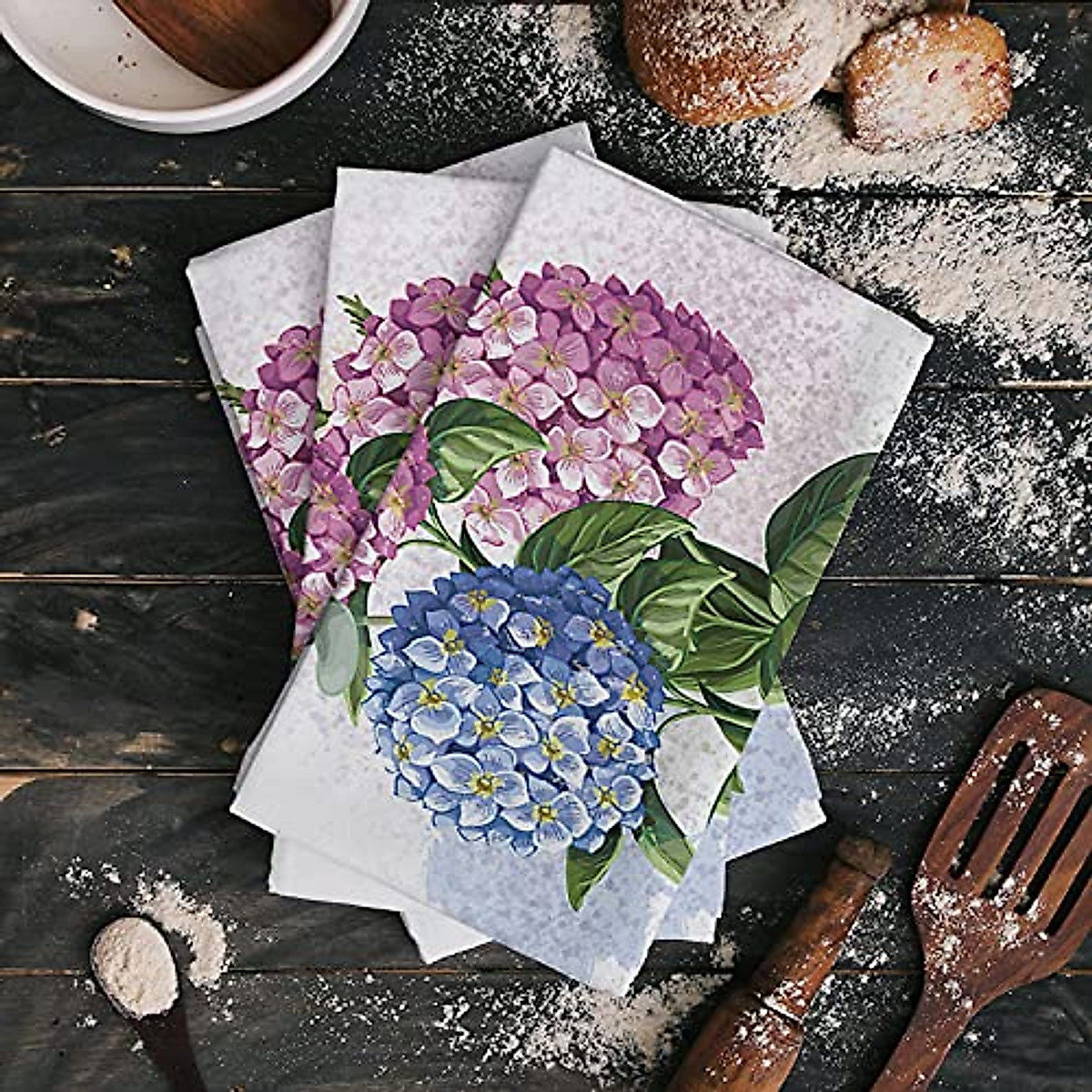 Savannan Dish Cloths for Kitchen, Watercolor Blue and Purple Hydrangea Flower Bloosom Painting White,Super Soft and Absorbent,Reusable Polyester Towels for Home,Kitchen,18"x28", 1 Pack
