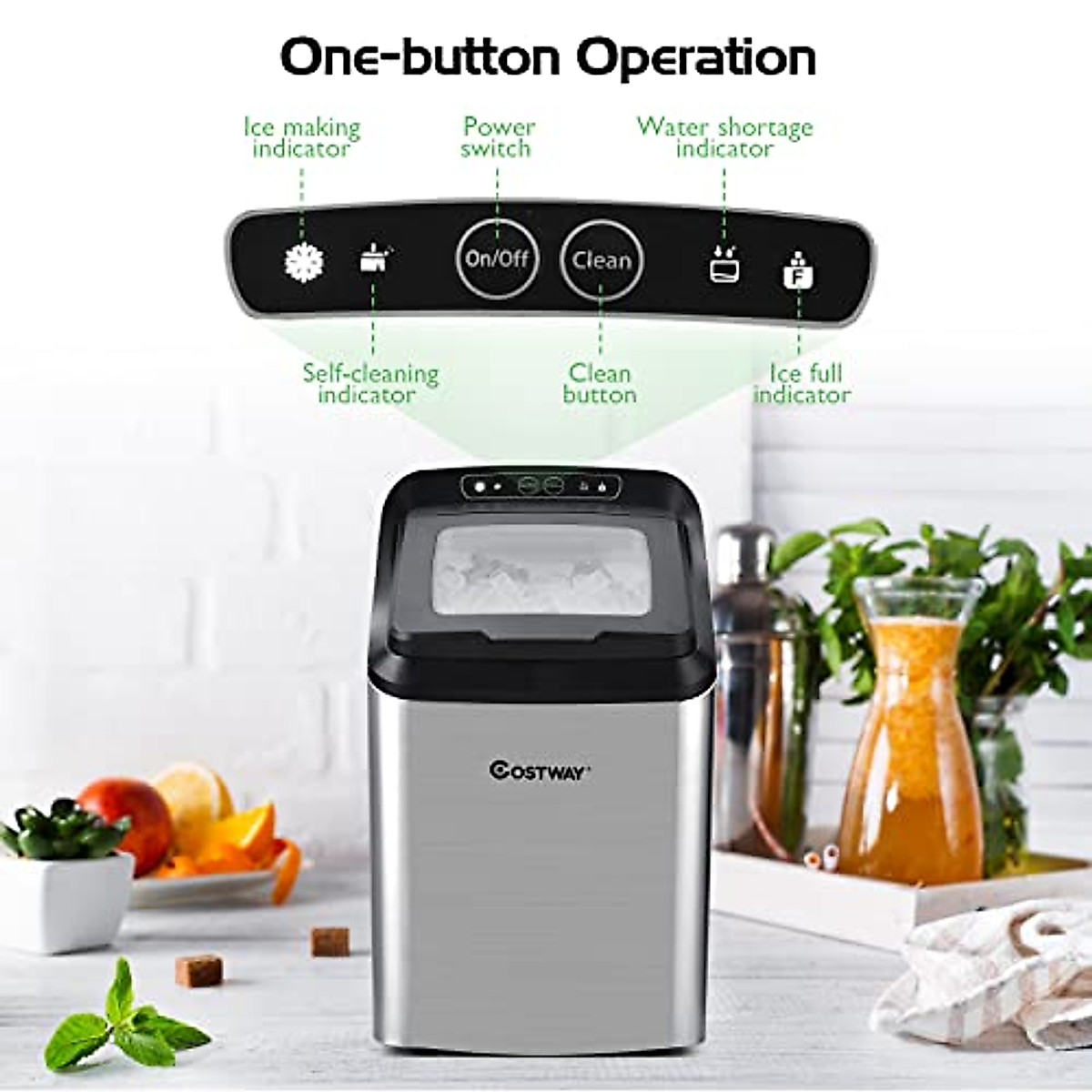 COSTWAY Nugget Ice Maker for Countertop, 29 Lbs/24H Portable and Compact Ice Machine with Self-Cleaning, Auto-Defrost Function, 3 Lbs Basket and Scoop, Stainless Steel Ice Maker for Indoor Use, RV