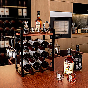 NANAGIFTREE Wine Rack Countertop, Wooden Wine Stand with Tray, Holds 9 Wine Bottles and 4 Glasses, Freestanding Wine Rack for Home, Kitchen, Bar, Wine Cellar