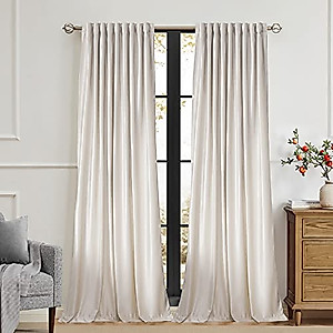100% Blackout Ivory Off White Velvet Curtains 96 inch Long for Living Room,Set of 2 Panels Liner Rod Pocket Back Tab Thermal Window Drapes Room Darkening Heavy Decorative Curtains for Bedroom
