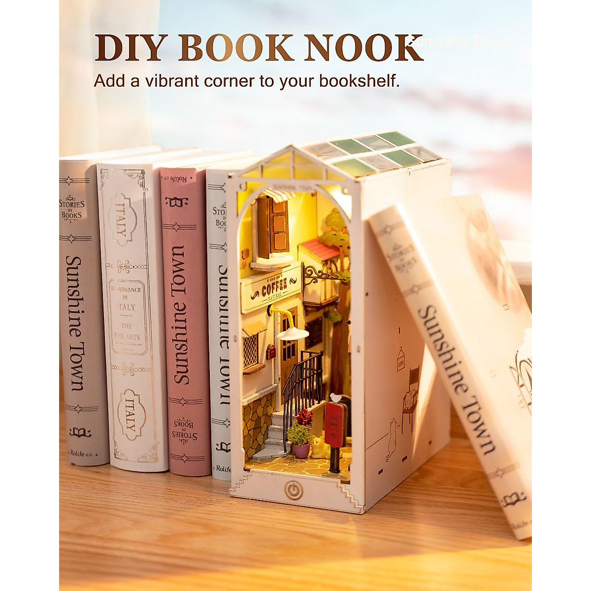 Rolife DIY Book Nook Kit 3D Wooden Puzzle for Adults 9.5" Bookshelf Indert Decor with LED Miniature Dollhouse Kit Bookend Crafts Diorama Hobbies Gifts for Boys Girls (Sunshine Town)