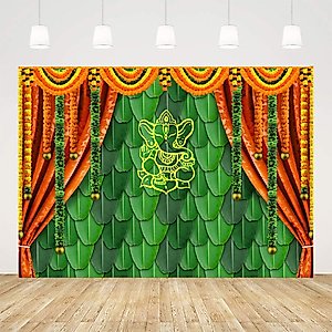 Ticuenicoa 10x7ft India Pooja Traditional Photography Backdrop Banana Leaf Green Chatiya Ganesh Background Puja Ganpati Pooja Mehndi backdrops Decorations Wedding Party Marigold Garlands Photo Props