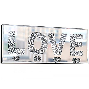 Crush Diamond Mirrored Love Letter Plaque Sign for Wall Decor, Crystal Clear Hooks Key Holder Key Hanger, Silver Mirror Decoration Wall Art, Wall Mounted Home Decor 15"×5.9"×1.6"