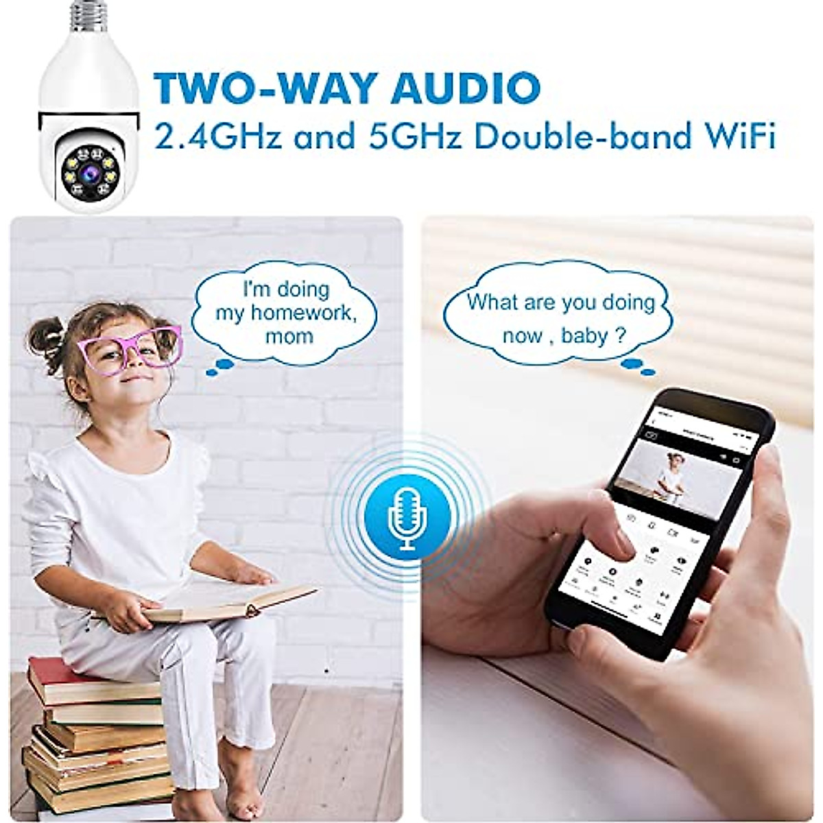 Light Bulb Security Camera 2.4GHz/5GHz WiFi 360 Wireless Light Bulb Camera for Home Security Motion Tracking Alarm, 1080P Light Socket Cameras Night Vision Two-Way Talk Compatible with Alexa, Tuya