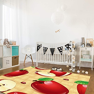 Red Apples Area Rug for Bedroom Living Room- Fresh Apples with Green Leaves Contemporary Floor Carpet Comfy Runner Rug Nursery Playmats Farm Fruit Home Decor Mat, 4'x6'