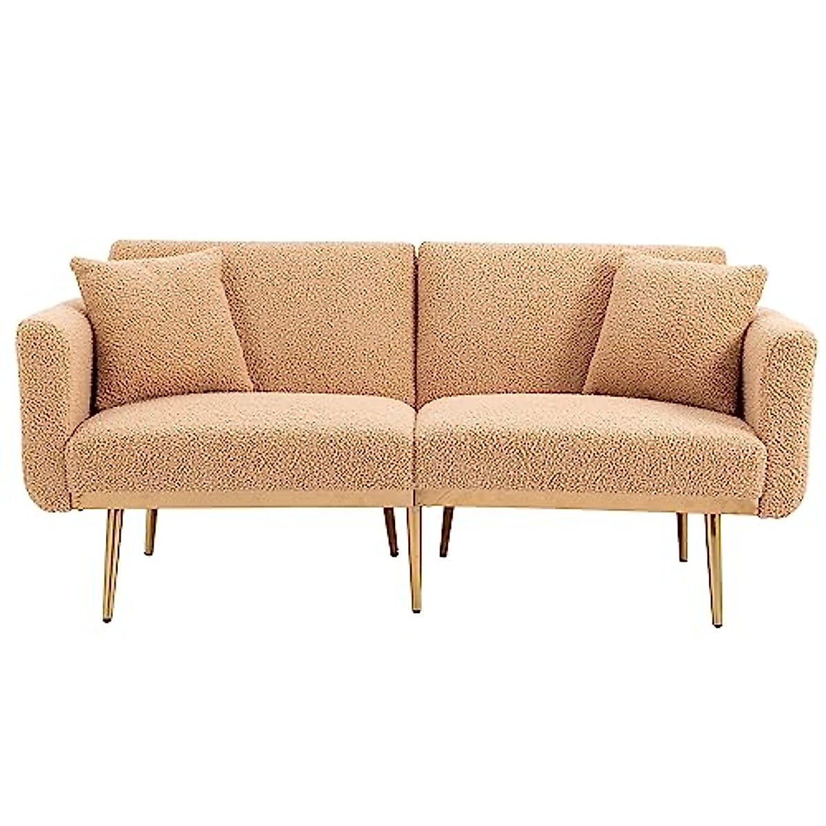 Eafurn Sherpa Teddy Futon Sofa Bed, Modern Boucle Upholstered Comfy Loveseat Couch Sleeper Sofabed with Golden Metal Legs and Throw Pillows, Small Folding Sofa&Couch for Home Office, Camel 65.35"