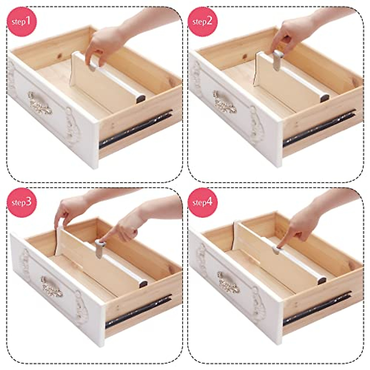 DIOMMELL 4 Pack Adjustable Dresser Drawer Dividers Organizers, Plastic Expandable Drawer Organization Separators for Kitchen, Bedroom, Closet, Bathroom and Office Drawers