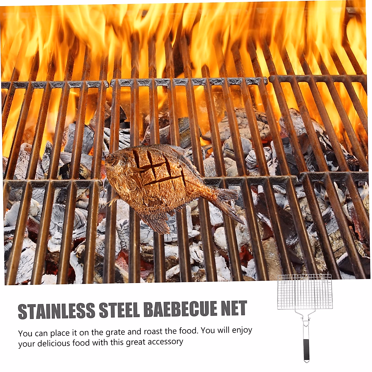 JEWEDECO 1pc Bbq Fish Rack Barbecue Fish Basket Bbq Grilling Basket Outdoor Grill Accessories Bbq Fish Holder Bbq Fish Basket Charcoal Grills Barbecue Grill Stainless Steel Grilled Shrimp