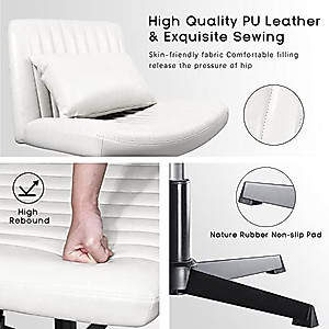 PUKAMI Armless Desk Chair No Wheels with Ottoman&Lumbar Support,PU Leather Padded Modern Swivel Home Office Chair,Height Adjustable Wide Seat Cross Legged Computer Task Chair for Living Room(White)