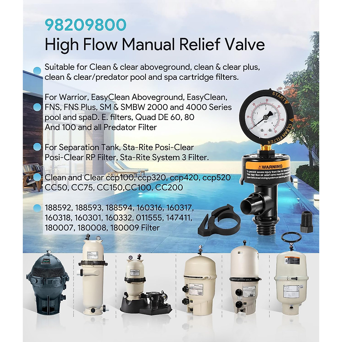 98209800 High Flow Manual Air Relief Valve w/Pressure Gauge Replacement for Pool and Spa Filter