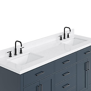 ARIEL Hepburn 72" Midnight Blue Double Vanity, 1.5" Edge Carrara Quartz Countertop & Splash, Rectangular Sinks, 4 Soft Closing Doors, 6 Full Extension Dovetail Drawers, Toe Kick, Matte Black