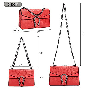 GLOD JORLEE Trendy Chain Crossbody Bags For Women - Luxury Snake Printed Leather Shoulder Satchel Bag Evening Clutch Purse handbags (001-red)