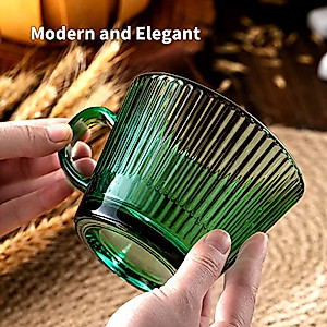 Buaic Glass Coffee Mugs, 14 Oz Set of 2 Vertical Stripes Green Glass Cups Stackable Coffee Cups, Tea Cups, Vintage Mugs for Cappuccino, Latte,Cereal,Beverage Hot/Cold Birthday Day Gifts