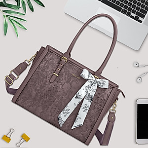 MOSISO Laptop Bag for Women, 15.6-16 inch PU Leather Tote Bag Compatible with MacBook, HP, Dell, Asus Notebook, Front Embossed Retro Hibiscus Computer Bag with Silk Scarf&Clutch Purse, Slate Purple
