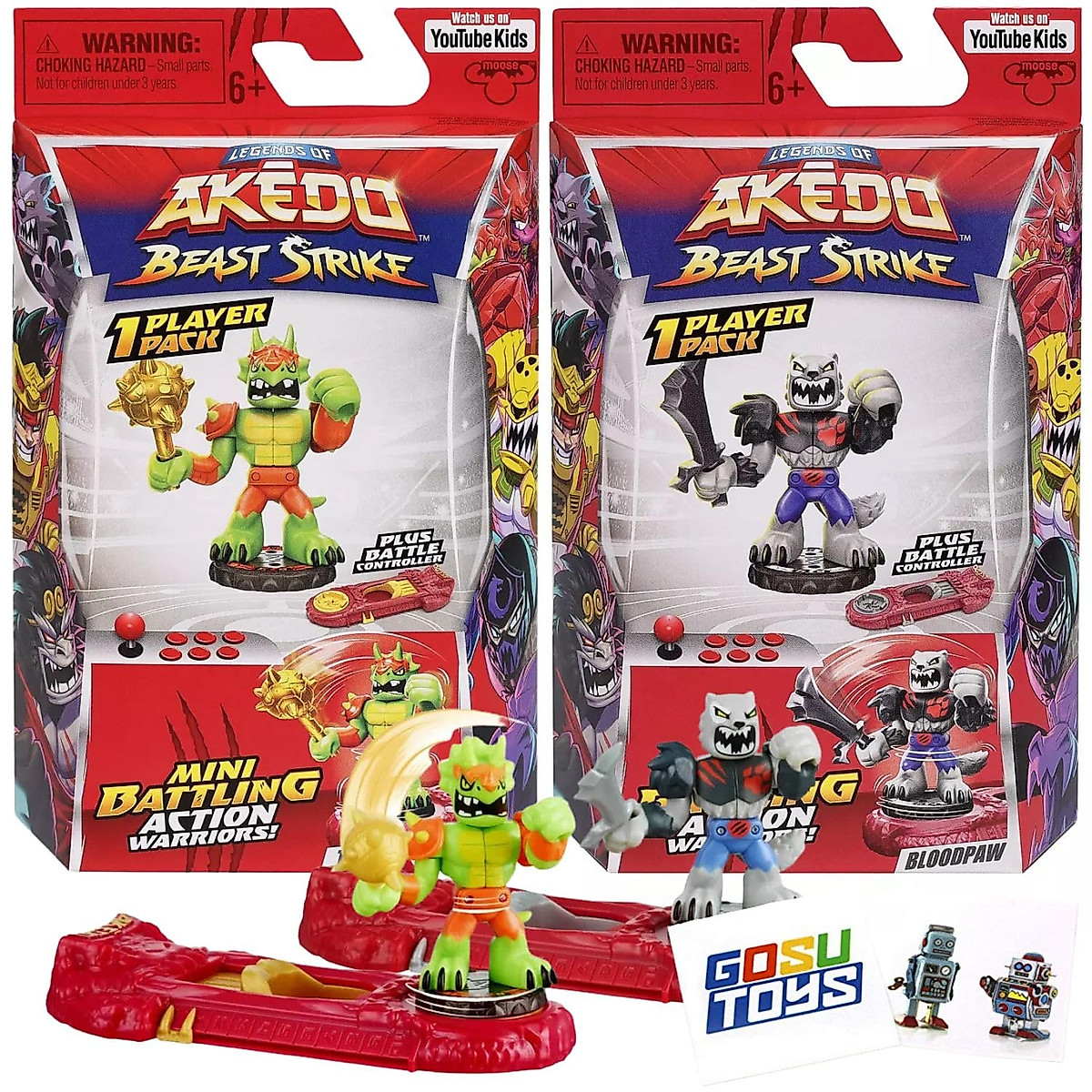 Akedo Beast Strike Ultimate Arcade Warriors Mini Battling Action Figures with Battle Controller - 2 Pack (Assorted) with 2 Gosutoys Stickers