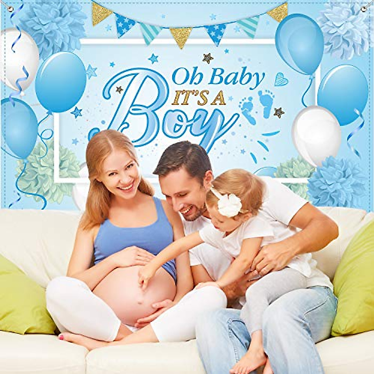 Blulu Baby Shower Party Backdrop Decorations, Large Durable Fabric Made Baby Shower Banner Backdrop Photo Booth Background for Boy's or Girl's Baby Shower Party Supplies (Boy Style)