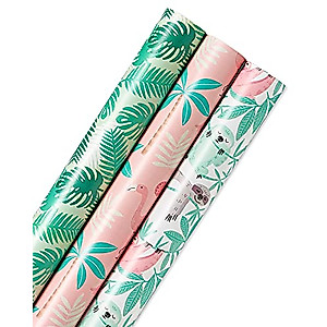 American Greetings Reversible Palms, Sloths, Flamingo Wrapping Paper for All Occasion, Green and Pink (3 Rolls, 120 sq. ft.)