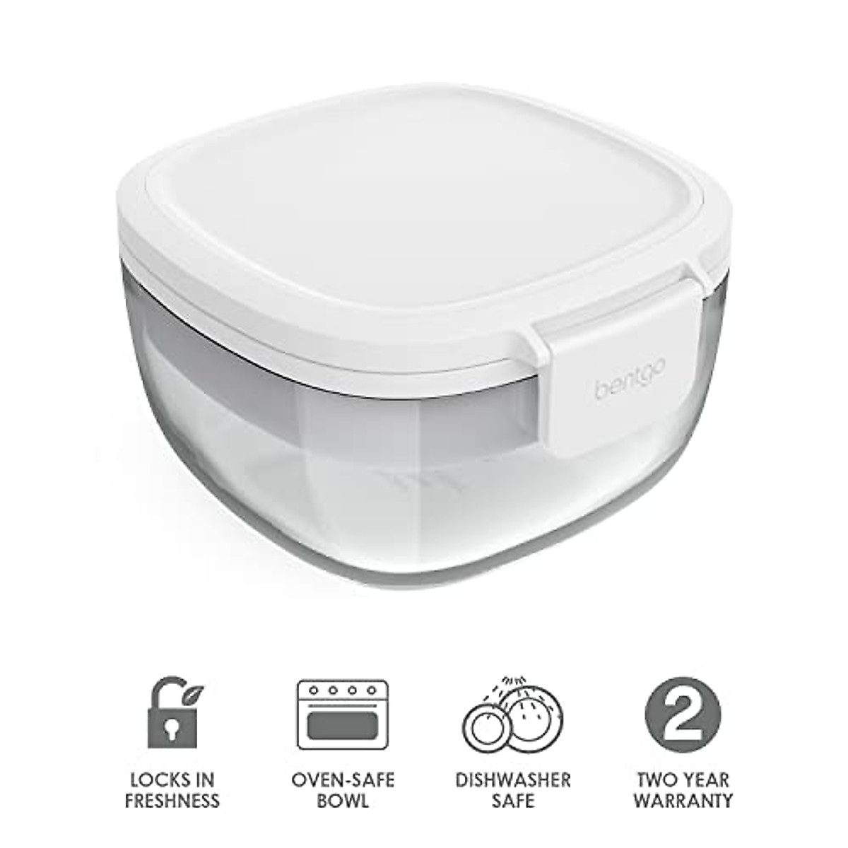 Bentgo® Glass All-in-One Salad Container - Large 61-oz Salad Bowl, 4-Compartment Bento-Style Tray for Toppings, 3-oz Sauce Container for Dressings, and Built-In Reusable Fork (White)