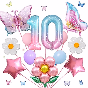 17pcs Girl's Ten Birthday Digital Butterfly Balloon Set Colorful Gradient Pink Butterfly Foil Balloon Giant Number 10 Balloon Flower Party Decorations