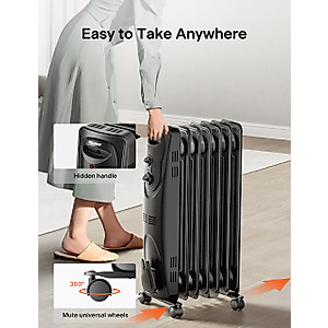 PELONIS Oil Filled Radiator Heater for indoor use Large Room Safe with Thermostat, 1500W Energy Efficient Quiet Space Heater, 3 Heat Settings, Overheat & Tip-Over, Black