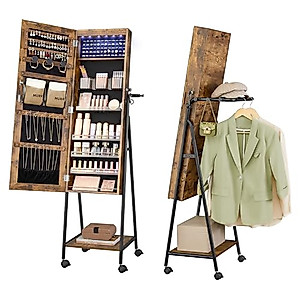SONGMICS 6 LEDs Lockable Mirror Jewelry Cabinet,Organizer, Standing Jewelry Armoire with 4 Wheels, Mirror with Jewelry Storage, Coat Rack, Shelf, Rustic Brown and Black UJJC005X01