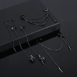 Drperfect 5Pcs Cuff Chain Earring for Men Women 316L Stainless Steel Feather Leaf Snake CZ Tassel Ear Cuff Crawler Climber Cartilage Long Drop Chain Dangle Earrings