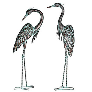 Kircust Garden Crane Statues, Standing Metal Patina Heron Decoy Outdoor Statue, 42-46 Inch Bird Yard Art for Patio Lawn Pond, Set of 2