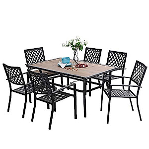 Sophia & William Patio Dining Set 7 Pieces Metal Outdoor Furniture Set, 6 x Metal Stackable Garden Chairs, 1 Patio Rectangle Umbrella Table Wood Like for Backyard Pool