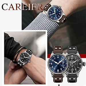 SKM Genuine Leather Rivets Watchband for IWC Big Pilot Spitfire Cowhide Folding Buckle Watch Men Strap 21mm 22mm (Color : Black Silver Clasp, Size : 22mm)