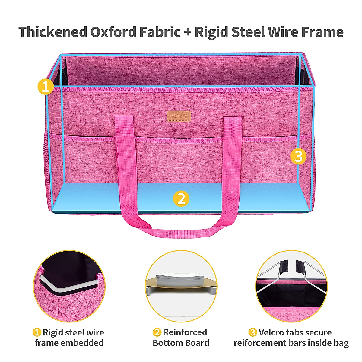 LHZK Stand Up Extra Large Utility Tote Bag with Metal Wire Frame and the Sides Rinforced, Car Trunk Organizer