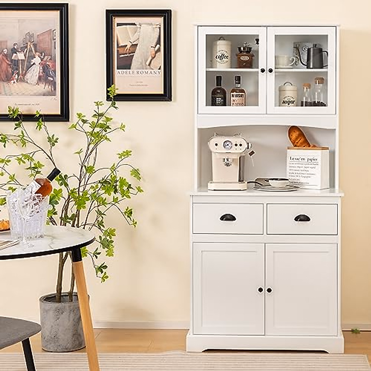 PETSITE Kitchen Hutch Storage Cabinet, Pantry Buffet Cabinet w/Tempered Glass Doors, Double Drawers, Adjustable Shelves & Anti-toppling Fitting, Tall Cupboard for Dining Room (White)