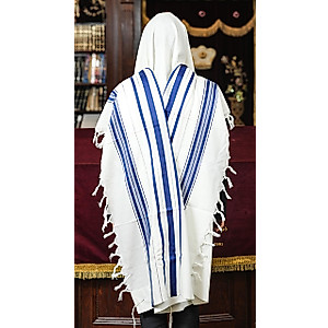 TALITANIA Traditional pure wool Tallit prayer shawl tallis gadol (Size 70 (L) 80 X 60 inches, Blue and silver Stripes)