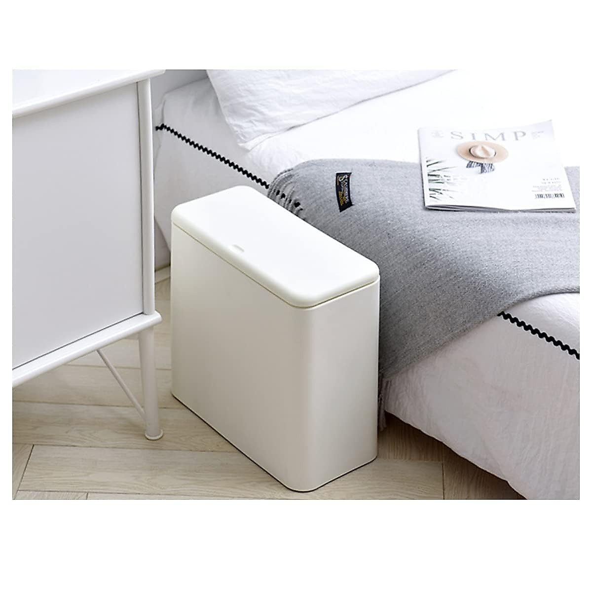 Modern Wastebasket Thin Trash Can,Small Rectangular Dog Proof Plastic Trash Bin,3.2 Gallon/12 Liter Slim Plastic Trash Can Wastebasket with Press Type Lid, White