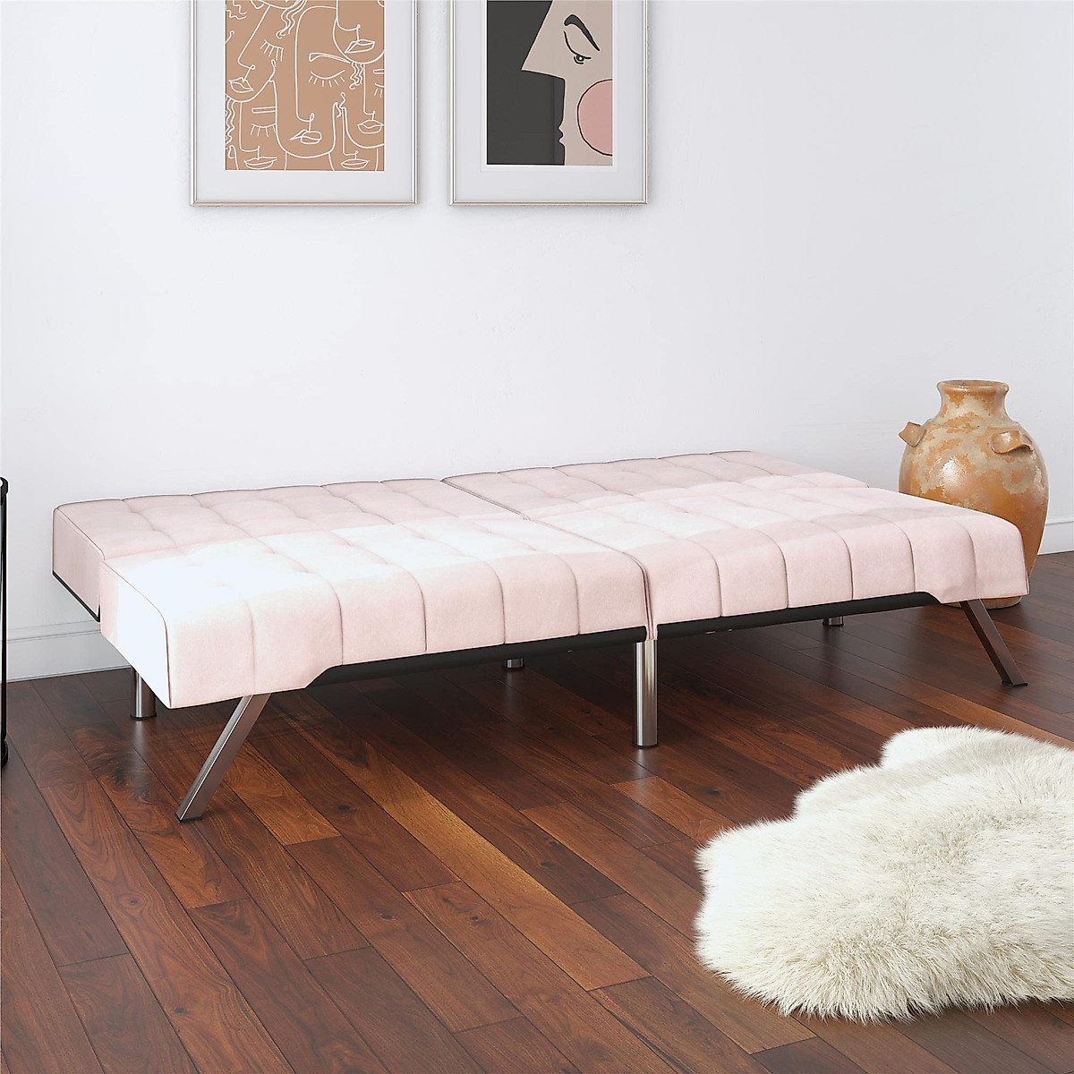 DHP Emily 71 Inch Futon Sofa Bed Fabric, Armless Upholstered Couch Sleeper with Tufted Back and Seat, Mid-Century Modern, Pink Velvet