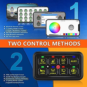 GEARZAAR 8 Gang Switch Panel with APP RGB Automatic Dimmable On-Off LED Switch Panel, Toggle Momentary Pulsed Bluetooth Electronic Relay System 12-24V IP65 Waterproof for Pickup Jeep UTV SUV Marine