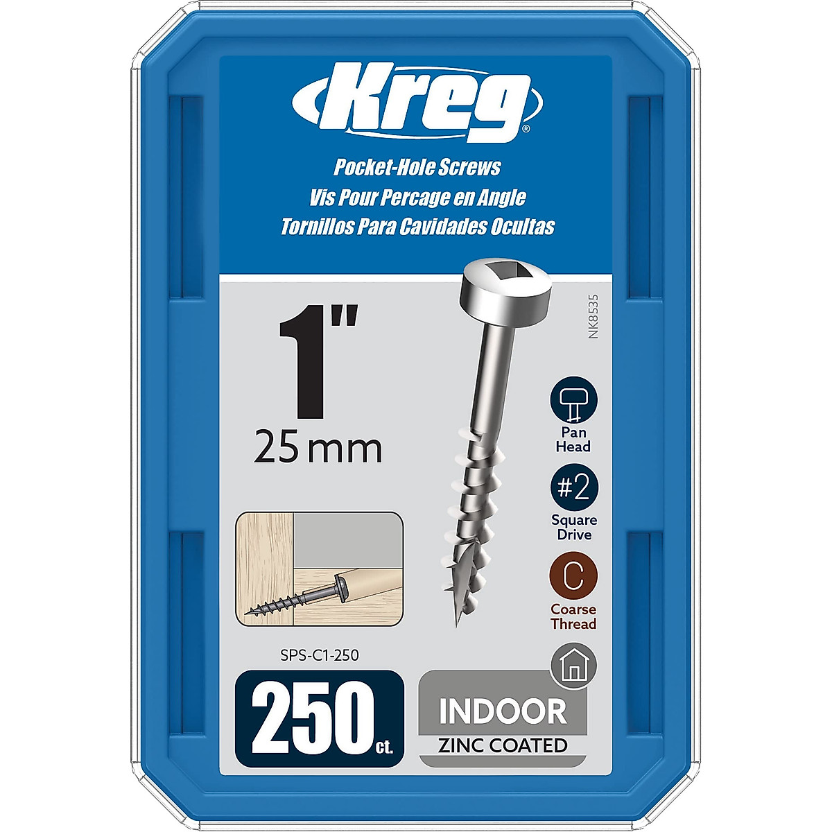 Kreg SPS-C1-250 Zinc Pocket Screws, 1-Inch #7 Coarse Thread, Pan- Head (250 Count)