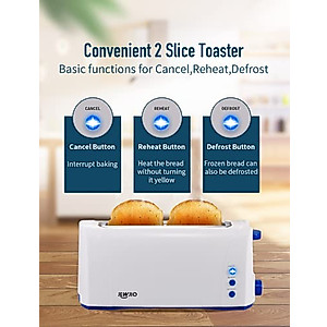JEWJIO Long Slot White Toaster 2 Slice With Blue Buttom, 1.5” Wide Slot Best Slim 2 Slice Toaster, One Long Slot Toaster with Defrost/Reheat/Cancel/6 Bread Shade Settings/Removable Crumb Tray, Easy to Storage in Kitchen, RV, Sideboard, 1000W