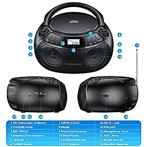Gueray CD Player Portable with Bluetooth Boombox AM/FM Radio Portable CD Player Stereo Sound Speaker USB Port MP3 Playback 3.5mm AUX Input Headphone Jack LCD Display CD-R CD-RW MP3WMA Playback