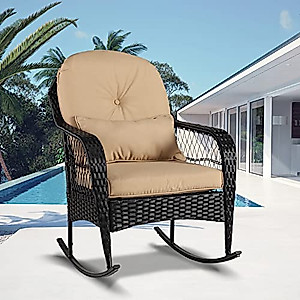 BAIJIAWEI B Outdoor Wicker Rocking Chair - Garden Patio Yard Porch Lawn Balcony Backyard Furniture All- Weather Wicker Rocker Chair with Cushions(1PC,Khaki)