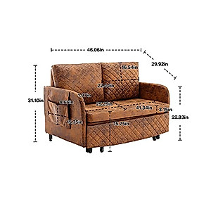 VKKILPEE Modern Pull Out Sofa Bed Convertible Couch Bed Sofa Sleeper with 2 Pillows & Side Pockets Microfiber Small Full Bed Loveseat Futon Couch Sleeper with Headboard, Easy Assembly, Coffee