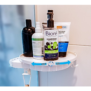 5 STAR SUPER DEALS Shower Corner Caddy Rotating Shelf - Tension Suction Cup Wedge Mount - Shower & Bathroom Storage Organizer- w/Drainage Holes & Hanging Hooks